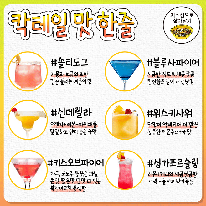 칵테일 초보들을 위한 대표 칵테일 30개 맛 한줄 정리 자취생으로 살아남기