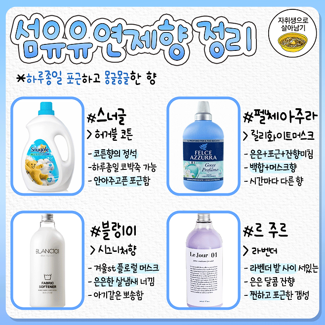 지금까지 맡은 코박죽 섬유유연제향 총모음 자취생으로 살아남기