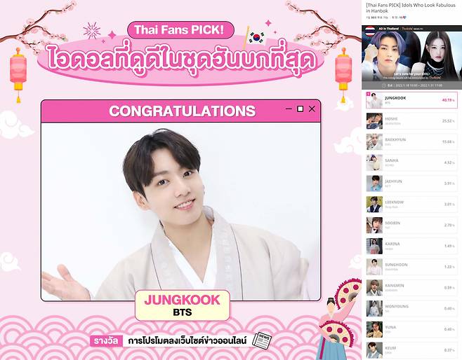 방탄소년단 정국 태국 팬 선정 한복이 가장 잘 어울리는 아이돌 1위