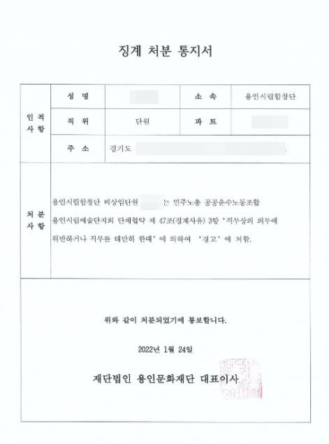 용인문화재단 실력 평가 방식 항의한 합창단원 46명 징계