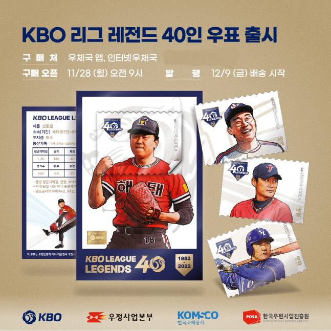 KBO리그 레전드 40인 기념 우표세트 한정 발행…28일부터 사전판매[공식발표]