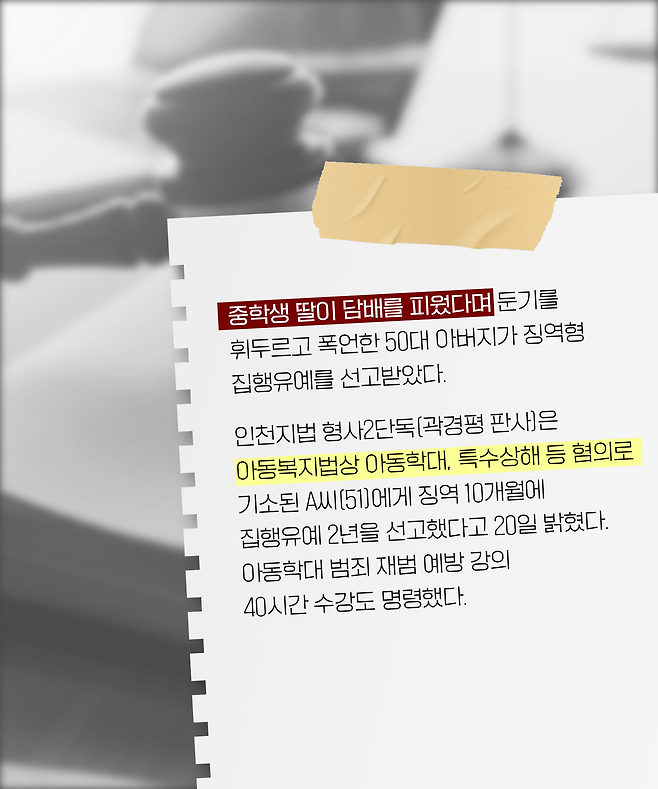 나가 죽어 담배 피운 14세 딸에 둔기 폭행아동학대 유죄 법과생활