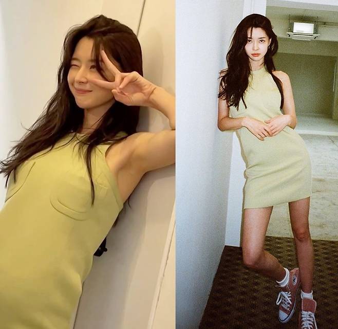 권나라 비현실 몸매의 연두 이기적 비율에 깜찍한 도발 민소매 섬머룩 패션엔