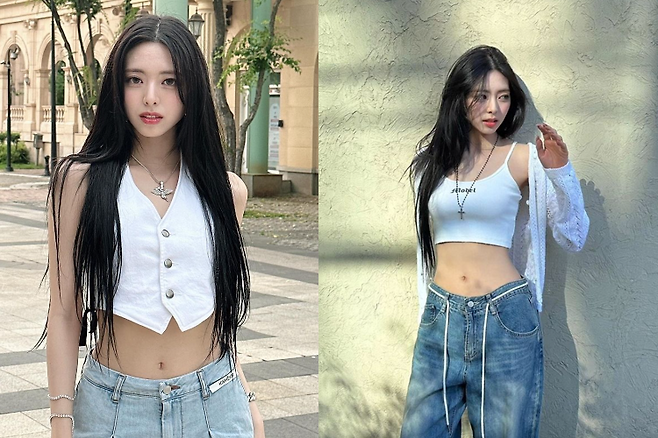 여행중 크롭티 입고 너무 예뻐 난리난 유명 여가수허리강조 크롭티데님패션 어썸클