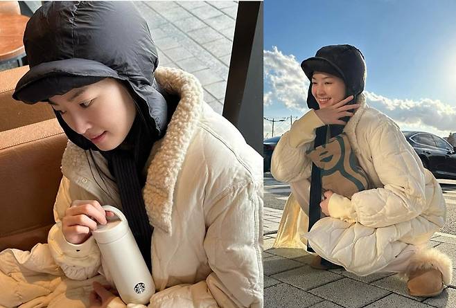 전진 아내 류이서 집 앞이 좋아 양털 롱패딩 귀도리 모자로 귀여운 나들이 스타와 패션