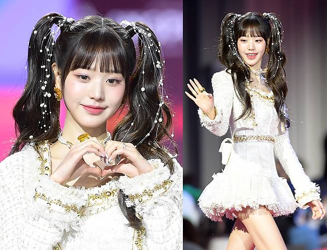 장원영 ‘연말 요정 양갈래 묶으니 더 인형 같네 화이트and골드 트위드 미니드레스룩 스타와 패션