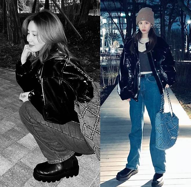 소녀시대 서현 반짝반짝 밤 미모 툭 걸친 광택 가죽 재킷 밤 산책룩 패션엔