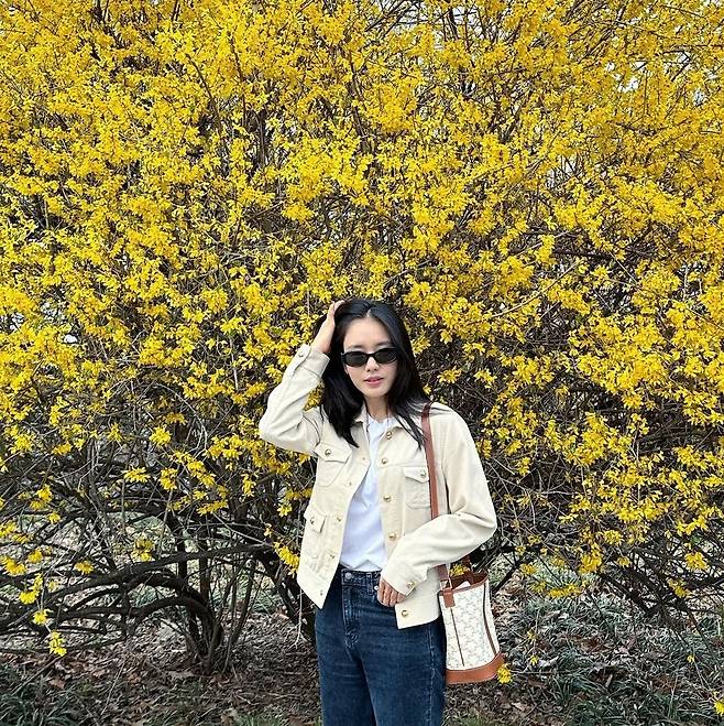 안은진 개나리꽃 닮은 싱그러움 흰 티에 청바지 입고 산뜻한 꽃놀이 스타와 패션