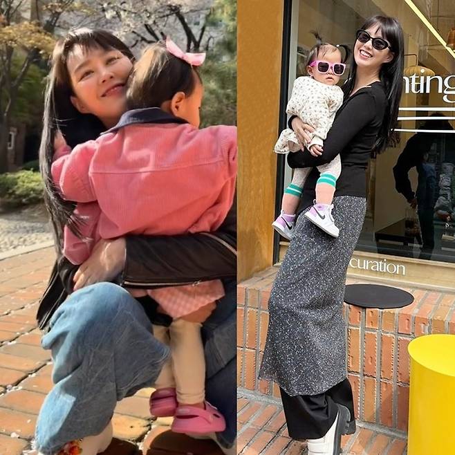 지소연 15개월 딸과 벚꽃 나들이 딸 바보 엄마의 꾸안꾸 모녀 산책룩 패션엔