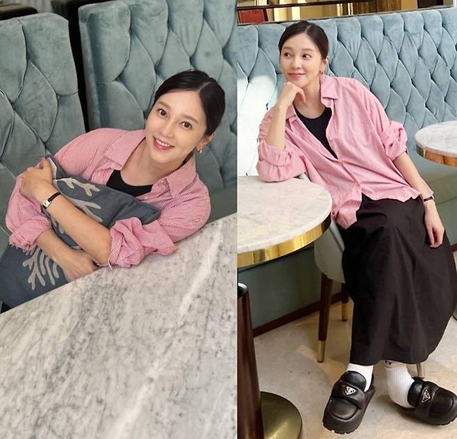 예비엄마 아유미 감쪽 같은 D라인 만삭 숨긴 루즈핏 핑크 셔츠 임신부룩 패션엔