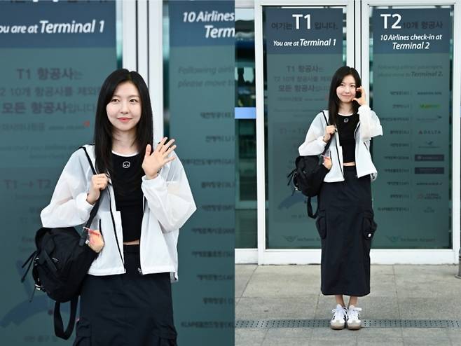 주현영 바람막이 카고 스커트 매치 캐주얼 무드 공항패션 선봬