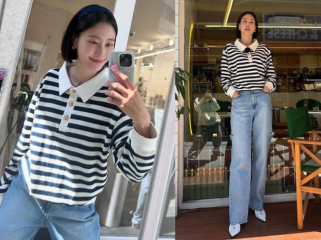 이현이 열심히 일한 하루 스트라이프 티셔츠에 청바지 입고 청순한 마무리 스타와 패션