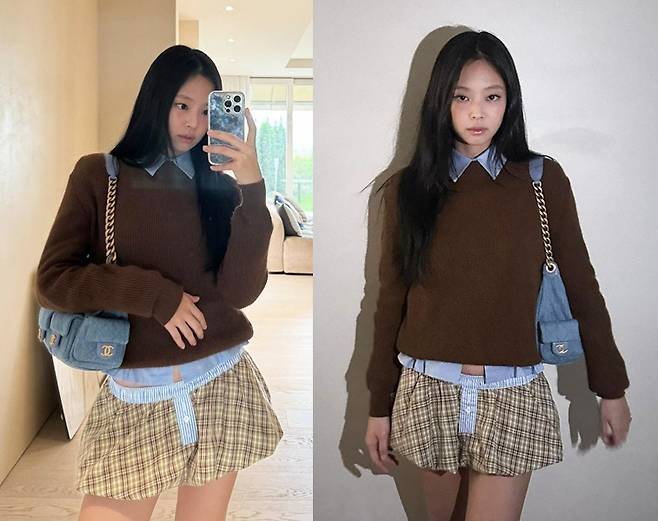 제니 가을 감성 가득한 프레피 룩 브라운 스웨터로 힙한 콘서트룩