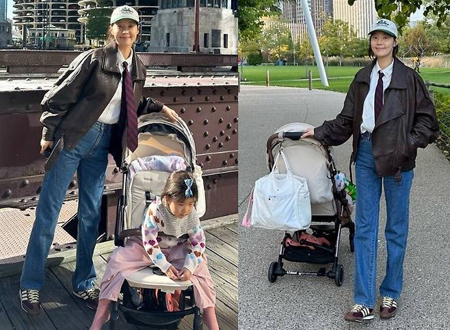 한지혜 3살 딸과 시카고로 훌쩍 유모차가 좋은 예쁜엄마의 가죽 재킷룩 스타와 패션