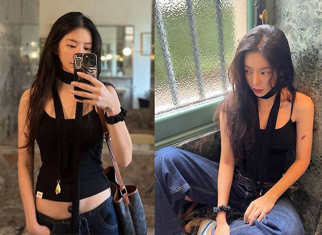 장재인 필라테스 하더니 여리여리 보디라인 바지가 흘러내릴 듯 너무 마른 스카프 스타일링 뷰티는 내운명