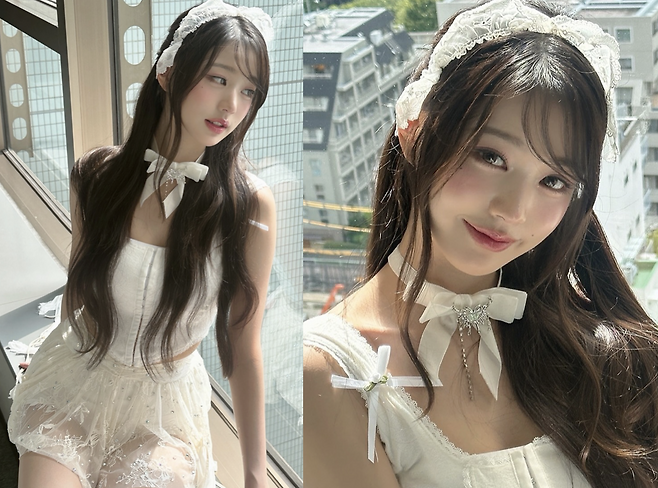 장원영 인형 아냐 레이스 미니스커트에 머리띠로 상큼미 스타픽