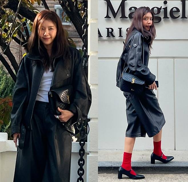 채정안 빨간 양말과 힙한 가가패션 가을 멋쟁이의 레더 재킷 슈트룩 패션엔