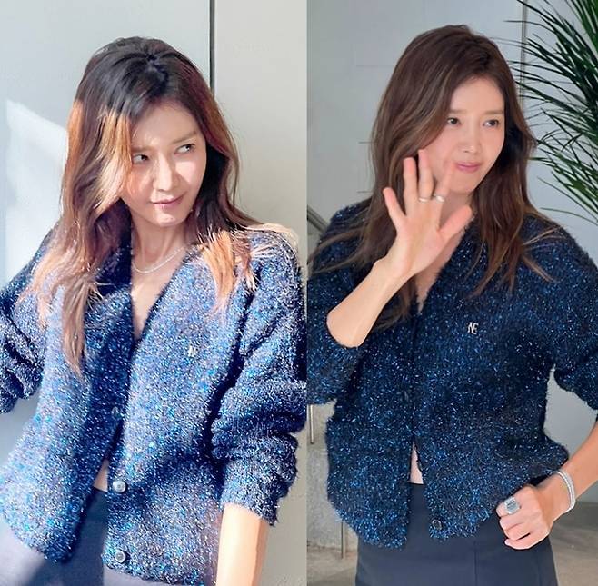 채정안 단추 푸른 스타일링 센스 니트 카디건 하나로 끝 예쁜 데일리룩 패션엔