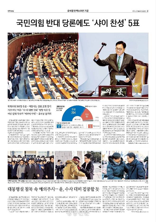 경향신문 ‘윤석열 탄핵 가결 호외 발행··· 시민이 이겼다”