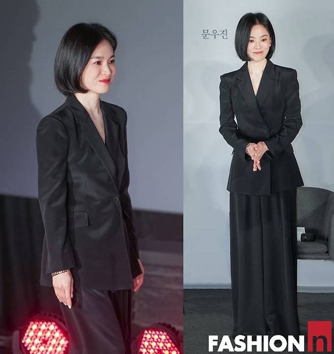 송혜교 미모의 똑단발 자신감 넘치는 파워우먼 블랙 슈트룩 패션엔
