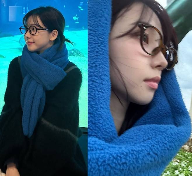 에스파 카리나 머플러 패션의 진수 블루 컬러와 코트 환상 조합 나들이룩 패션엔