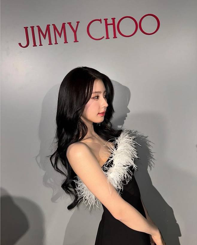걸어다니는 조각상 미연 깃털 디테일이 빛난 우아한 블랙 미니드레스룩 스타와 패션