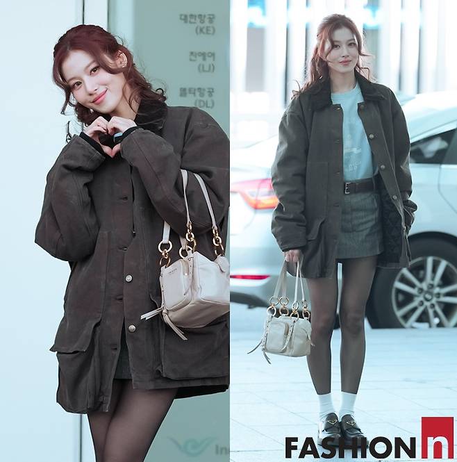 트와이스 사나 매니시 재킷으로도 여신 미모 오버핏 바버 재킷 하의실종룩 패션엔
