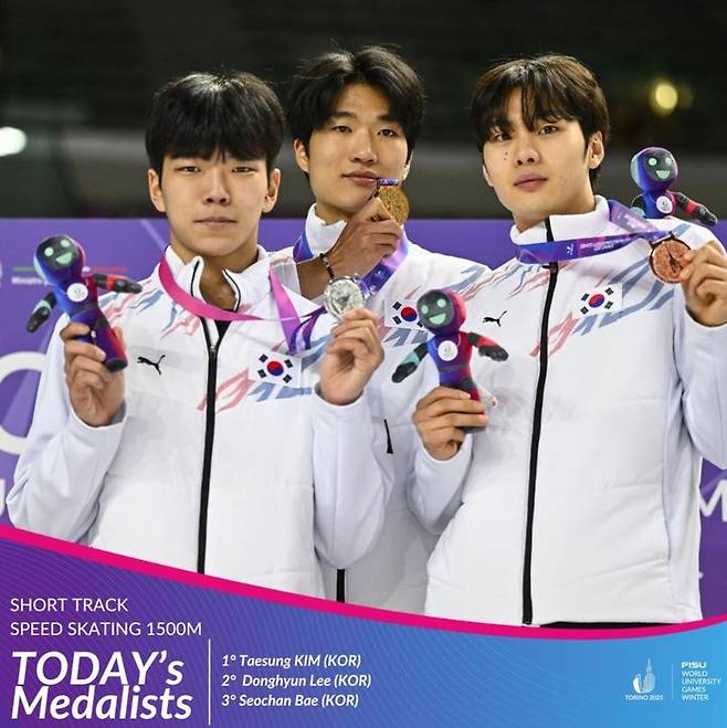 韓 남녀 쇼트트랙 세계대학경기대회 1500m 금은동 싹쓸이