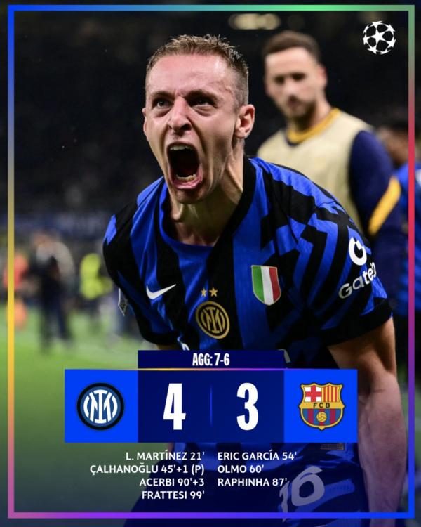 '2-0→3-2→4-3' 미친 난타전 끝에 웃은 인테르, 바르사 꺾고 15년 만에 UCL 결승행