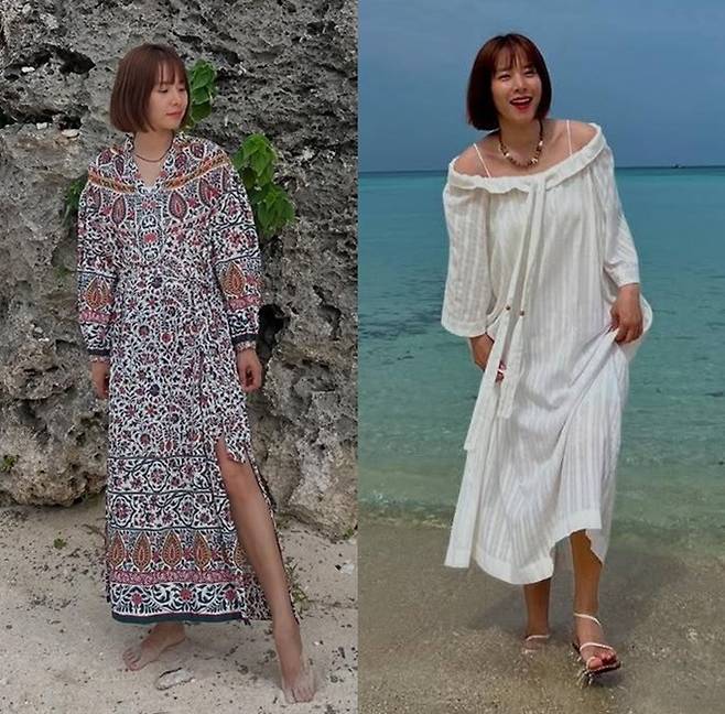 예쁜엄마 조윤희 오키나와 여행룩 페이즐리 린넨 원피스로 즐긴 해변의 여신 패션엔