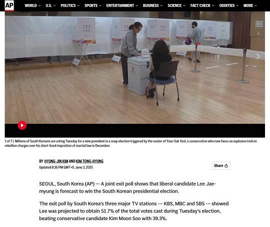 AP, BBC 등 외신 “진보성향 이재명 후보 당선 전망”