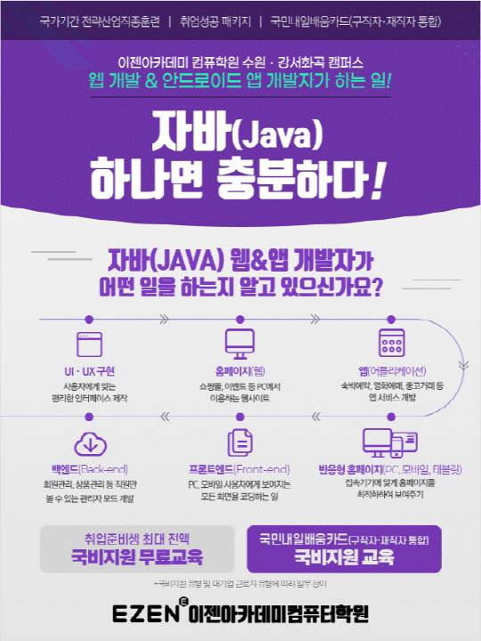 이젠컴퓨터아카데미학원 수원·강서화곡캠퍼스 자바java 웹 프로그래밍 국비지원 과정 운영